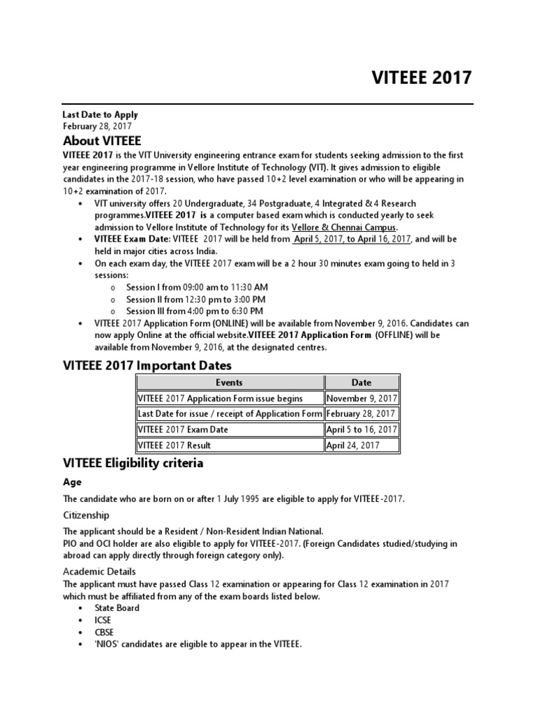Viteee 2017 | PDF | Qualifications | Academia