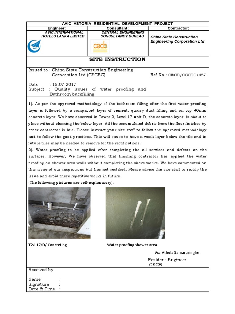 CSCEC - Site Instruction 457-Water Proofing Defects | PDF | Art ...