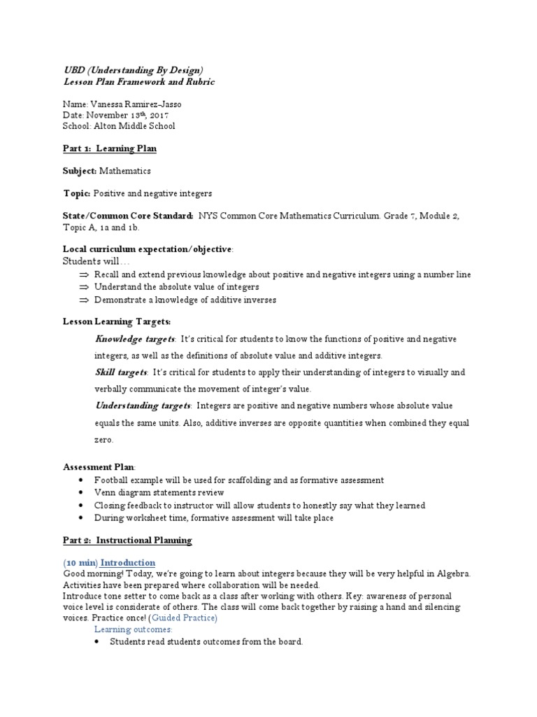 UBD (Understanding by Design) Lesson Plan Framework and Rubric | PDF ...