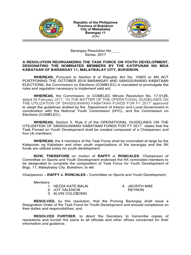 Brgy. Resolution TFYD 2017 | Philippines | Justice