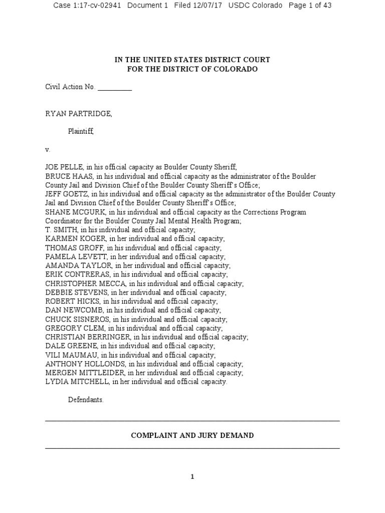Ryan Partridge vs. Boulder County Jail | PDF | Prison | Mental Disorder