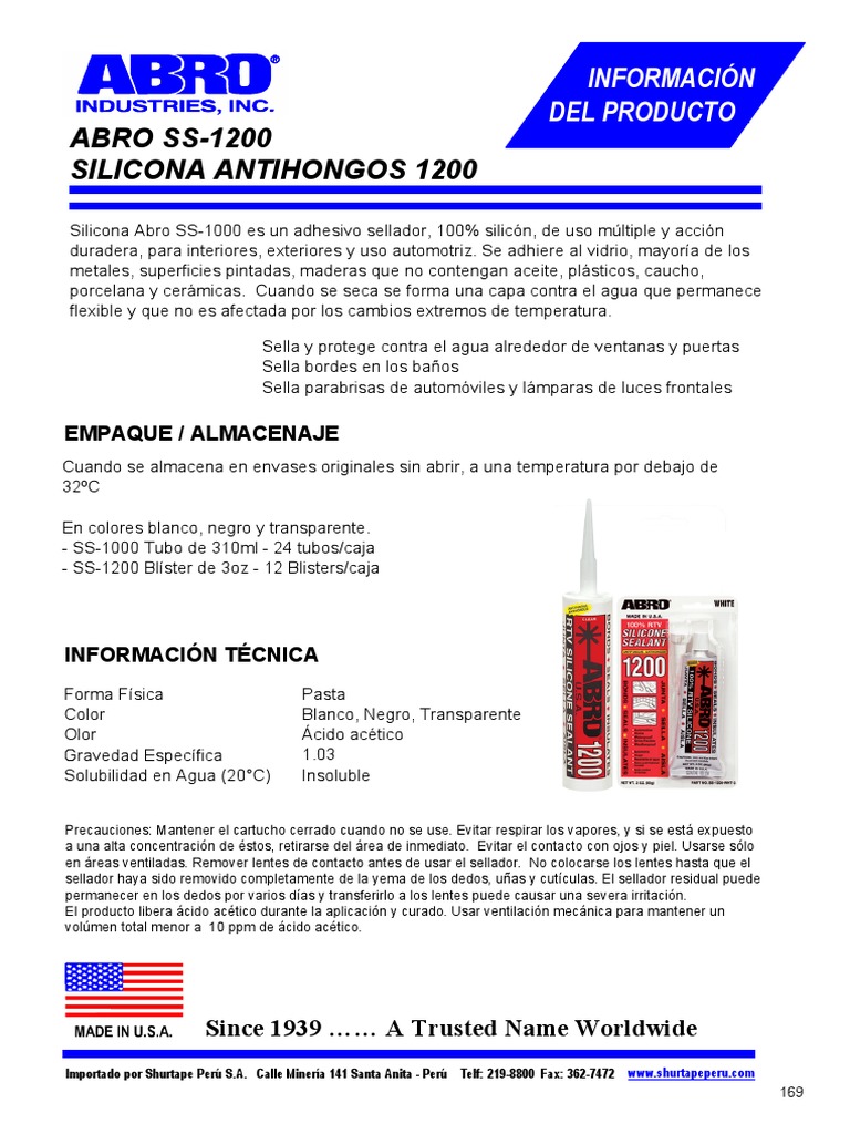 Silicona Abro SS-1200: Ficha Técnica | PDF | Hogar, jardinería y bricolaje
