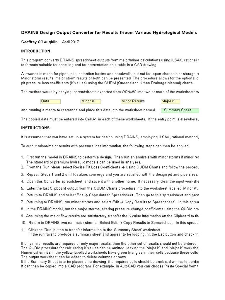 DRAINS Output Converter 12 | PDF | Spreadsheet | Spreadsheet Software