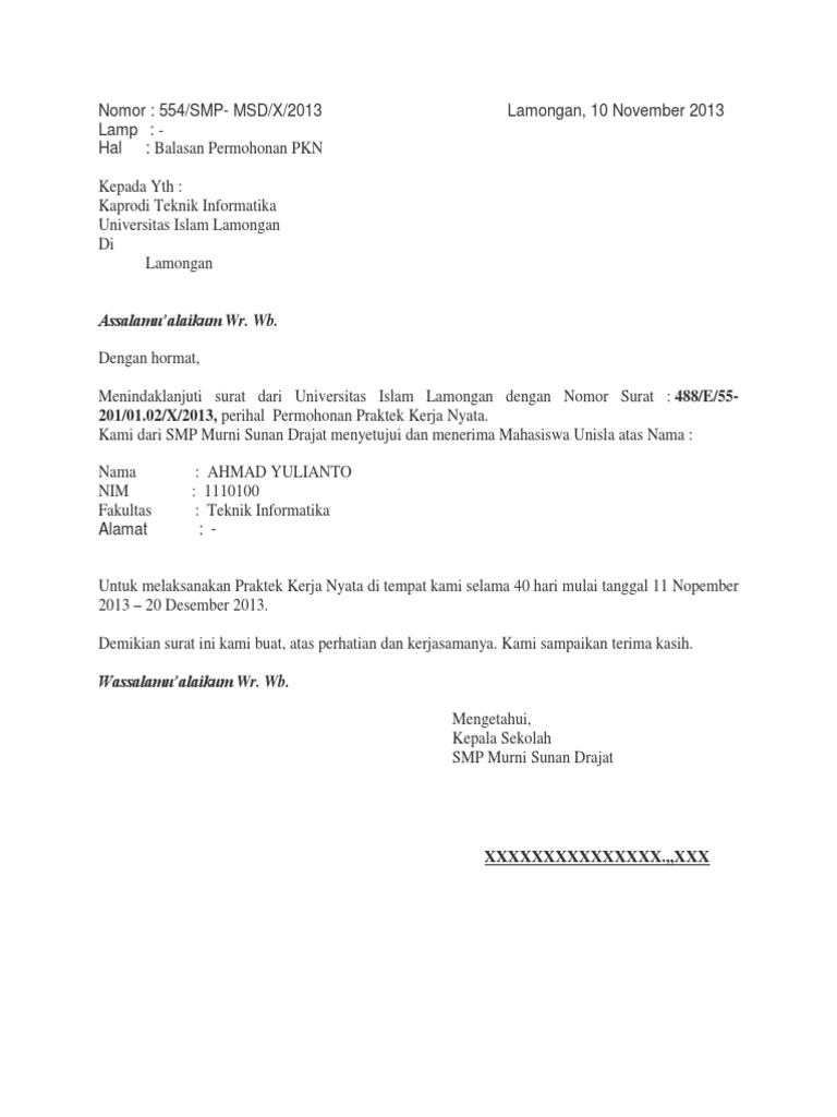 Contoh Surat Penerimaan PKL | PDF