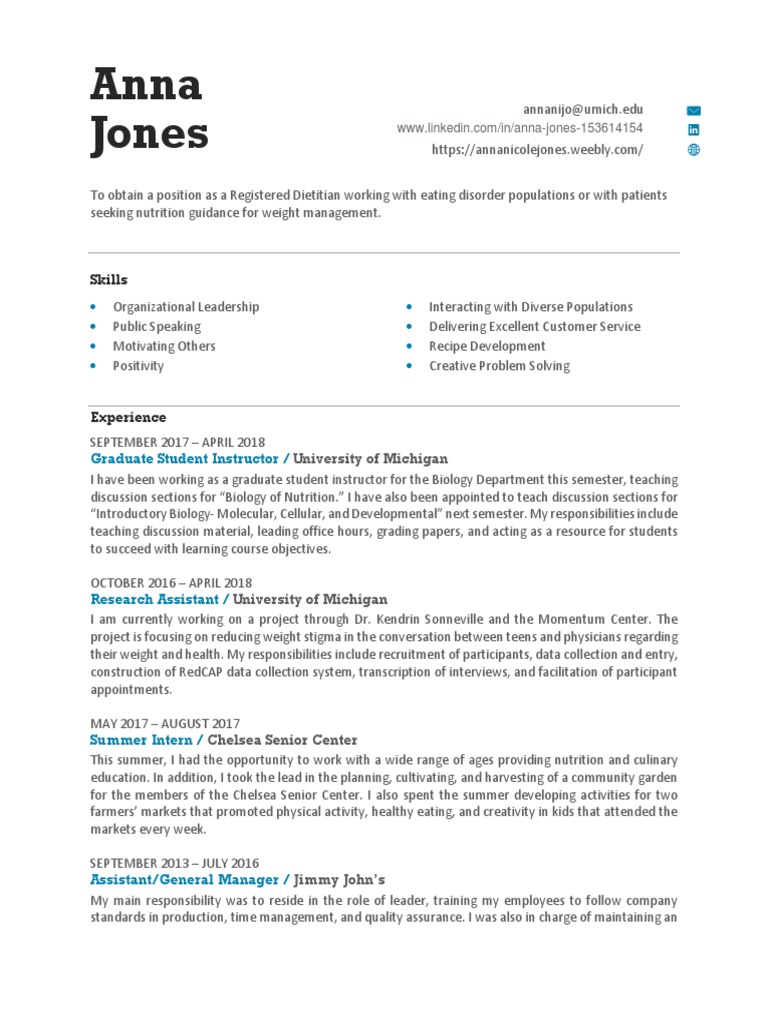 Resume For Eportfolio | PDF | Dietitian | Cognition
