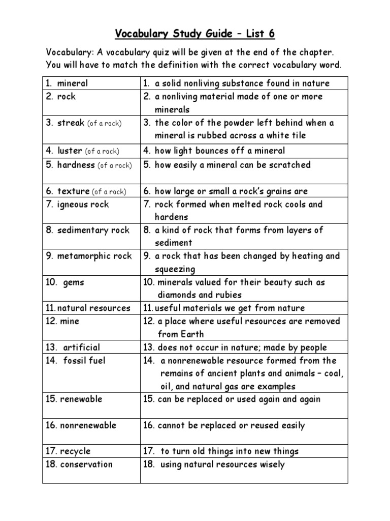 Vocabulary Study Guide: Rocks & Minerals | PDF