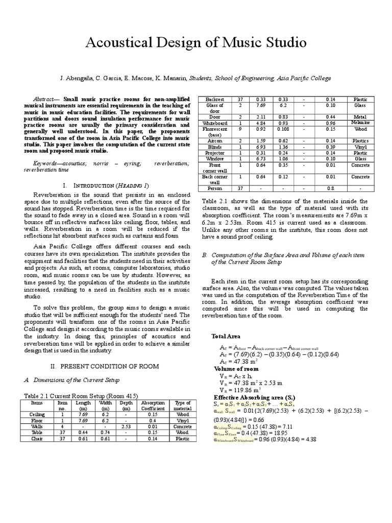 Acoustical Design of Music Studio: Abstract - Small Music Practice ...