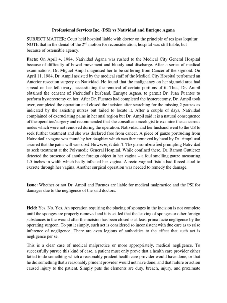 002 (PSI Vs AGANA (.G.R. No. 126297) (2008) | PDF | Negligence | Surgery