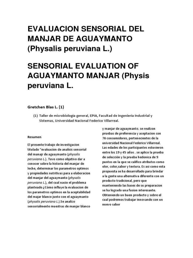 Evaluacion Sensorial Del Manjar de Aguaymanto Gretcha | PDF | Leche ...