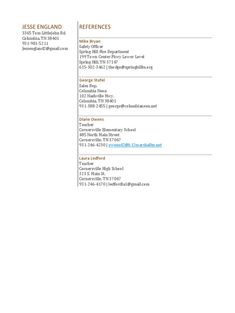Jesse England's Professional References | PDF