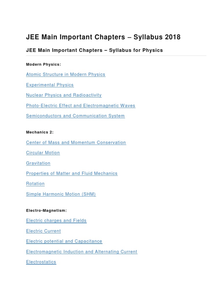JEE Main Important Chapters - Syllabus For Physics | PDF | Equations ...