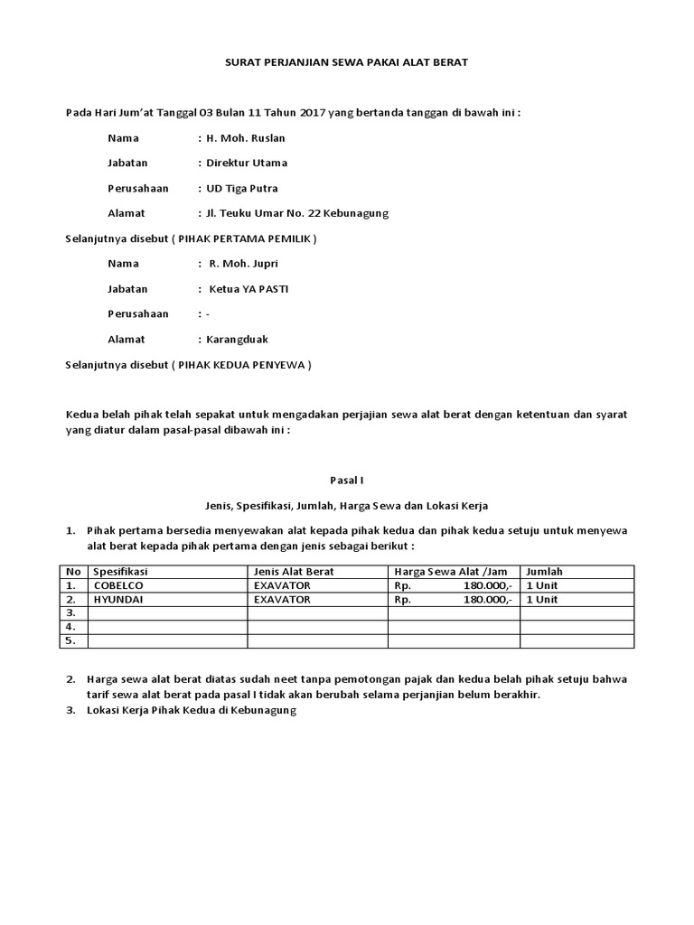 Surat Perjanjian Sewa Pakai Alat Berat | PDF