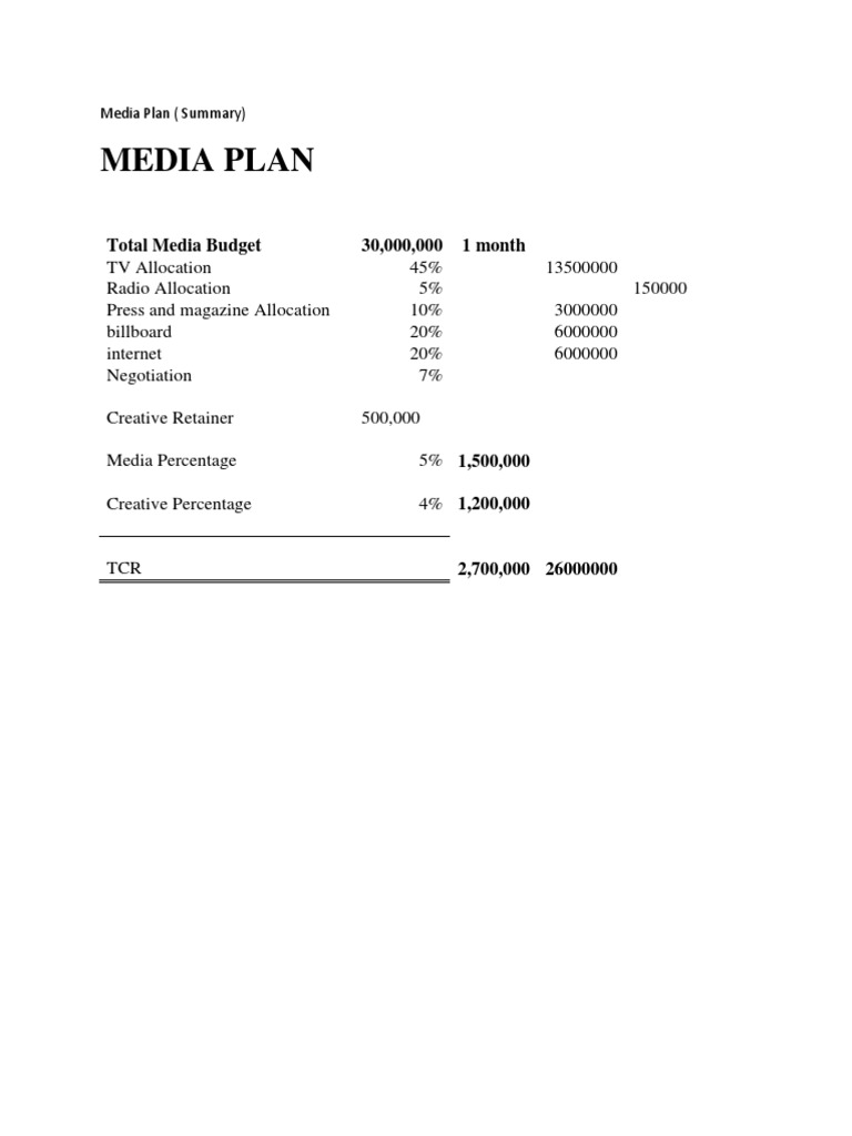 Media Plan: Total Media Budget 30,000,000 1 Month | PDF