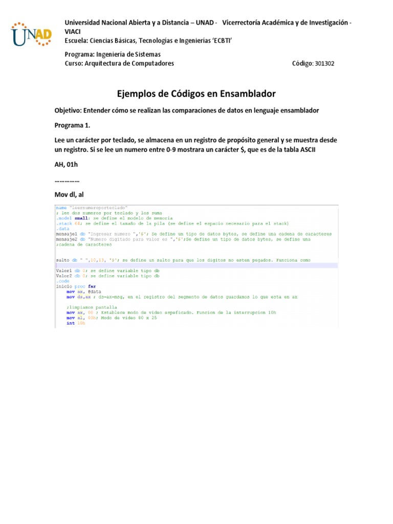 Ejemplos de Codigos en Ensamblador | PDF | Lenguaje ensamblador ...