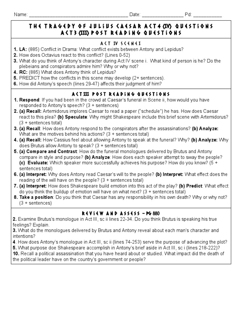 Julius Caesar Guided Questions Act 4 | Download Free PDF | Marcus ...