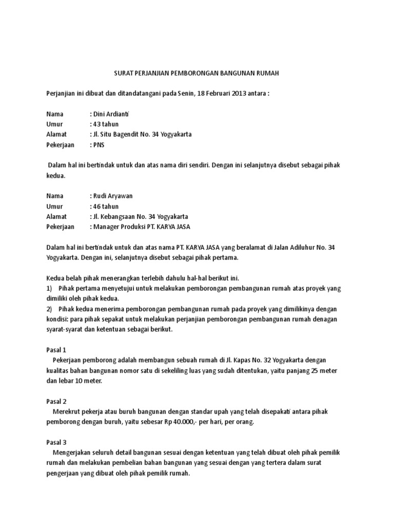 Contoh Surat Perjanjian Pemborong Bangunan Rumah