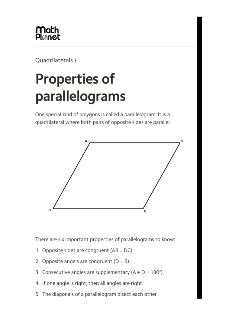 Properties of Parallelograms (Geometry, Quadrilaterals) - Mathplanet | PDF