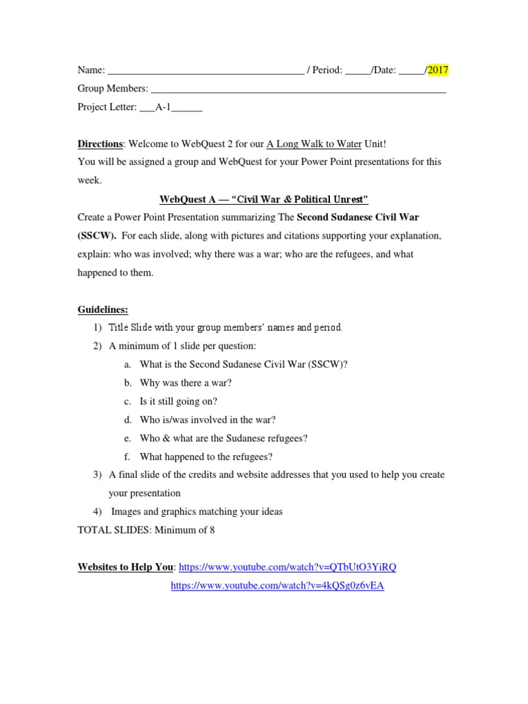 Directions: Welcome To Webquest 2 For Our A Long Walk To Water Unit ...