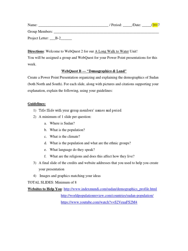 Directions: Welcome To Webquest 2 For Our A Long Walk To Water Unit! | PDF