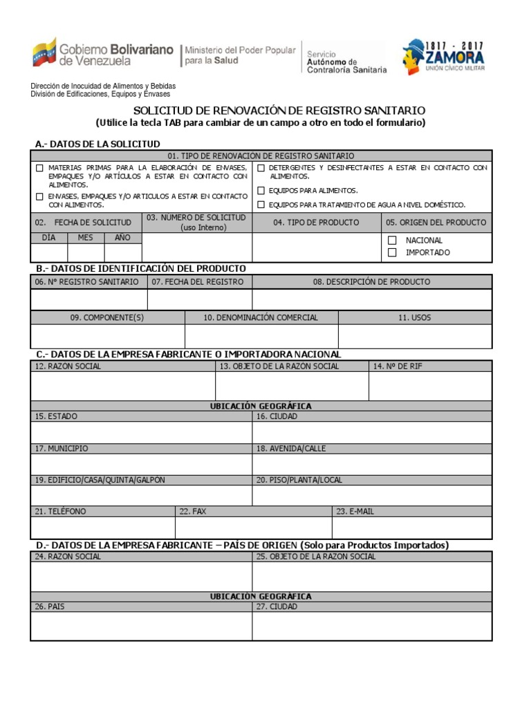 Formulario Solicitud de Renovacion de Registro Sanitario SACS | PDF ...
