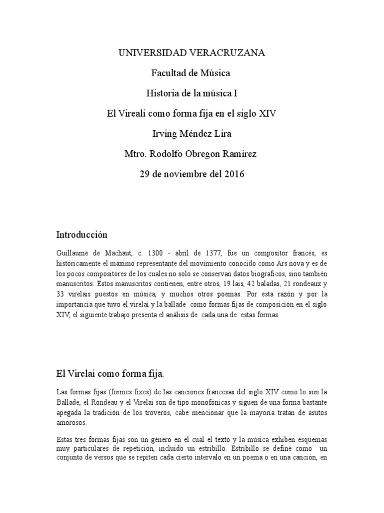 El Virelai: Forma Fija del Siglo XIV | PDF | Musicología | Formas musicales
