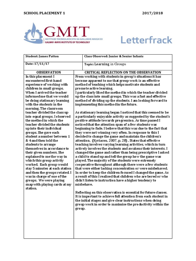 Reflection 3 Learning in Groups | PDF | Teachers | Classroom