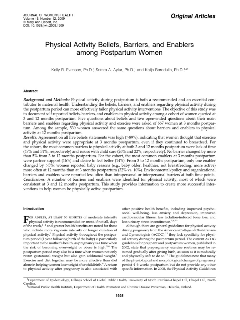 Physical Activity Beliefs, Barriers, and Enablers Among Postpartum ...