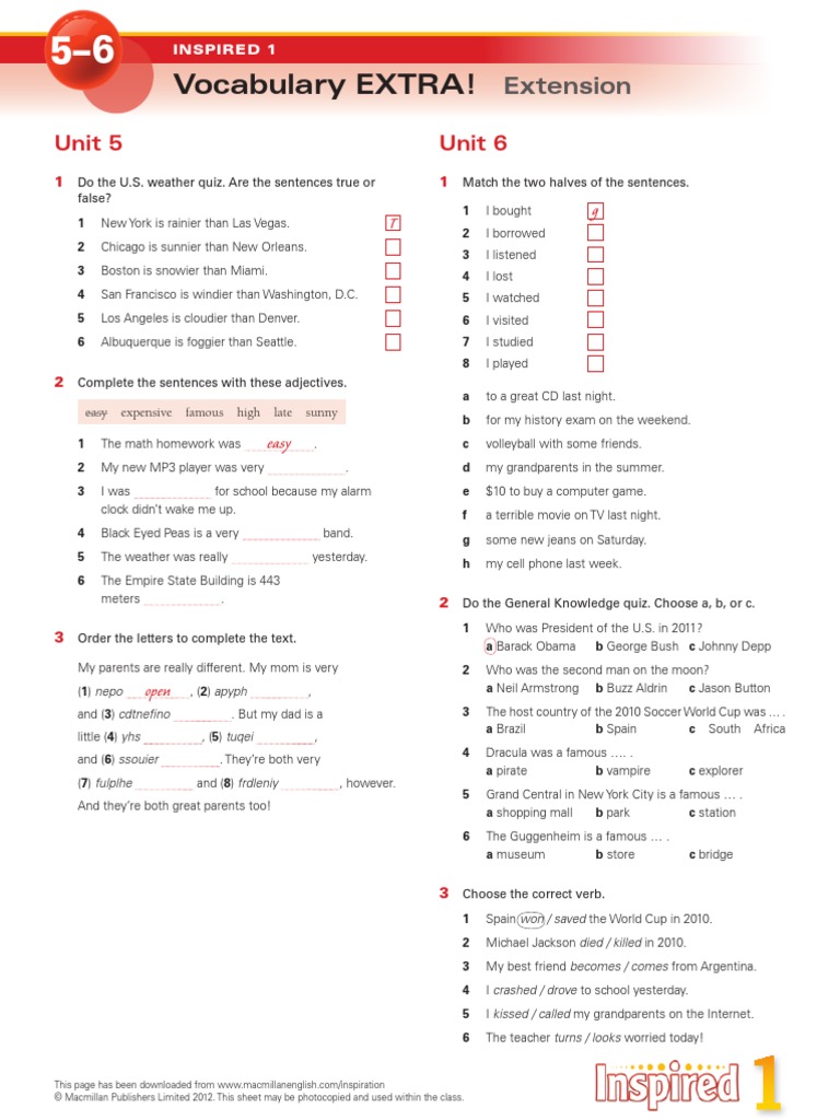 Vocabulary-EXTRA Inspired 1 Units 5-6 Extension PDF | PDF | Leisure