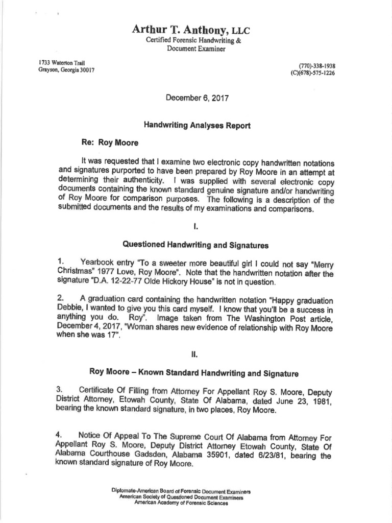 Roy Moore Handwriting Expert Report | PDF