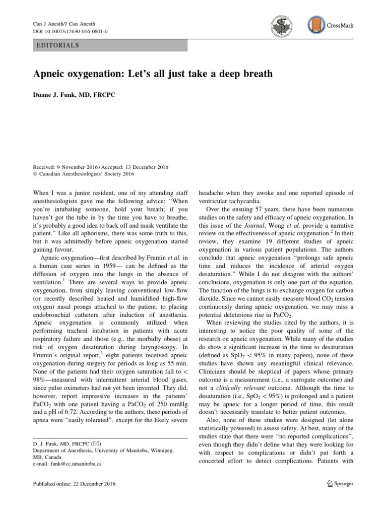 Apneic Oxygenation Lets All Just Take A Deep Breath | PDF | Apnea ...
