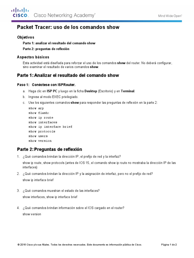 11.3.3.3 Packet Tracer - Using Show Commands | PDF | Enrutador (Computación) | Dirección IP