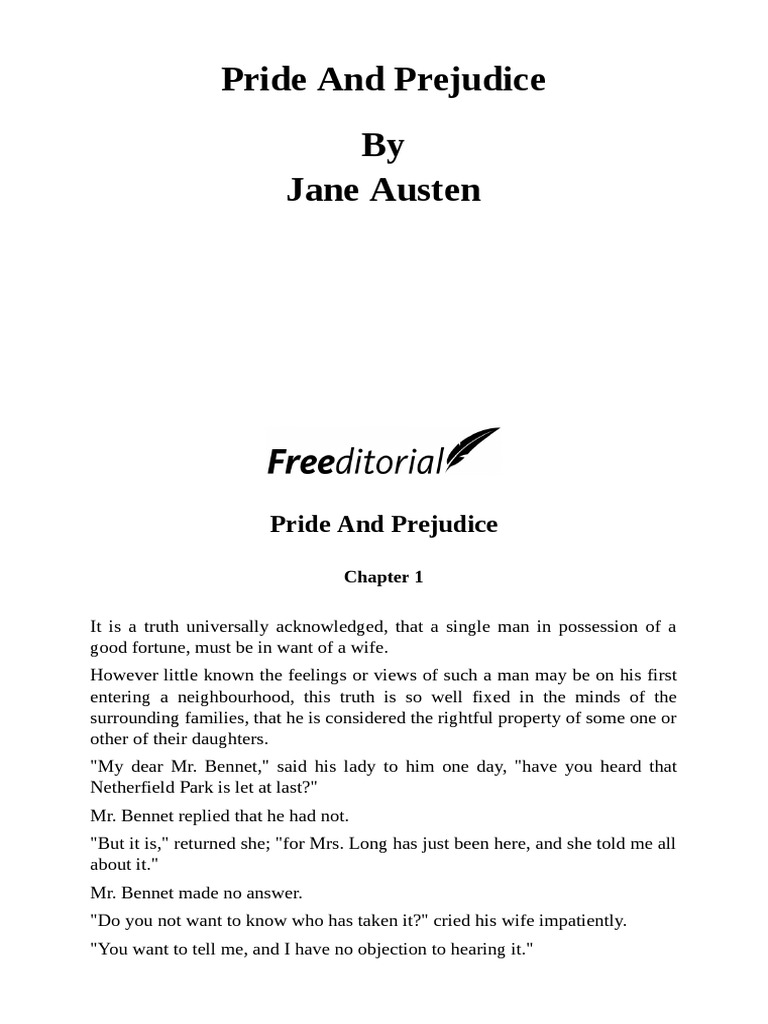 Pride and Prejudice: Chapter 1 Summary | PDF | Pride And Prejudice | Mr ...