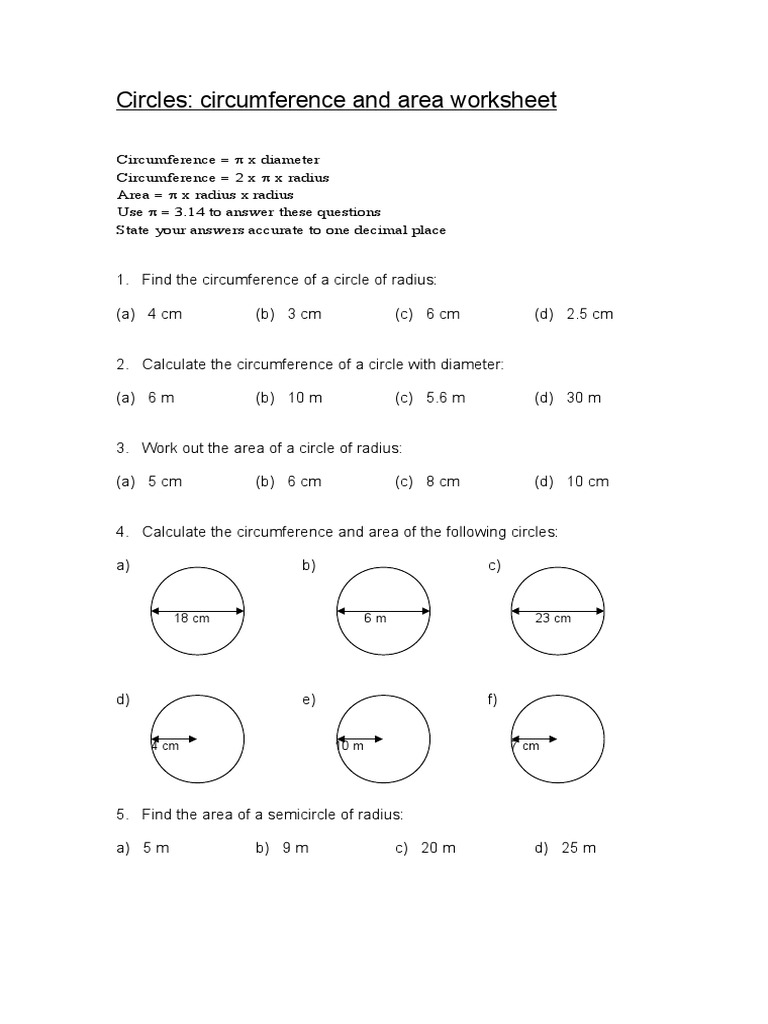 Circles: Circumference and Area Worksheet: Radius X X Nce Circumfere ...