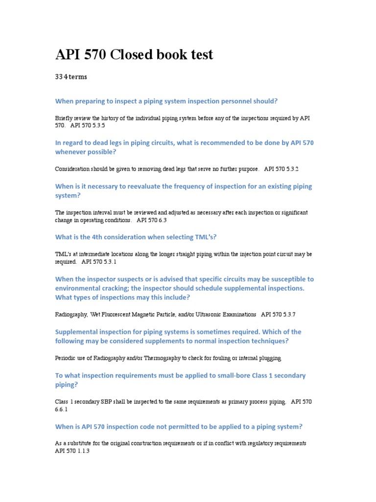 API 570 - Closed Book Test - 334 Terms | PDF | Pipe (Fluid Conveyance ...