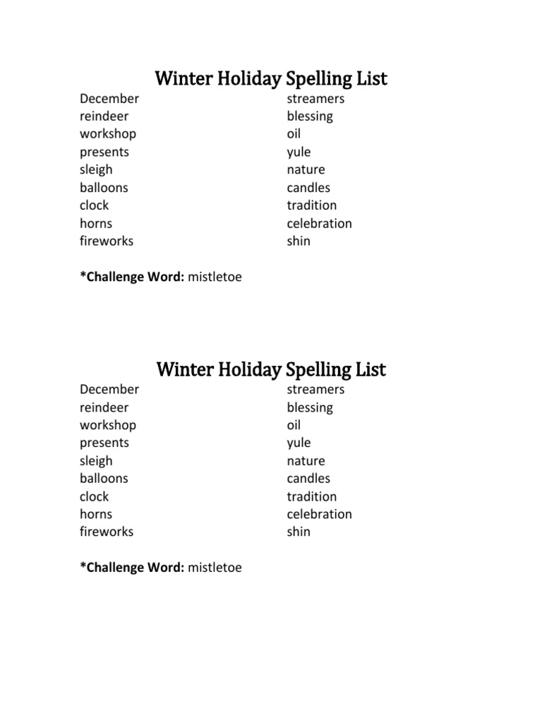 Winter Holiday Spelling List | PDF