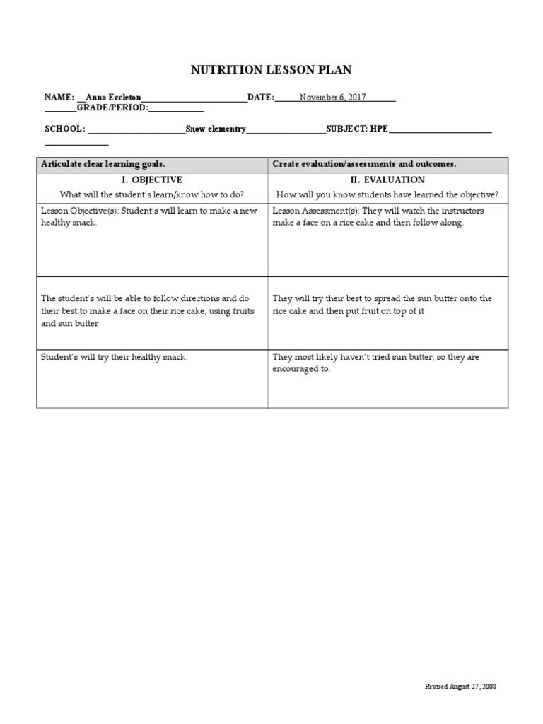 Nutrition Lesson Plan | PDF | Lesson Plan | Teaching