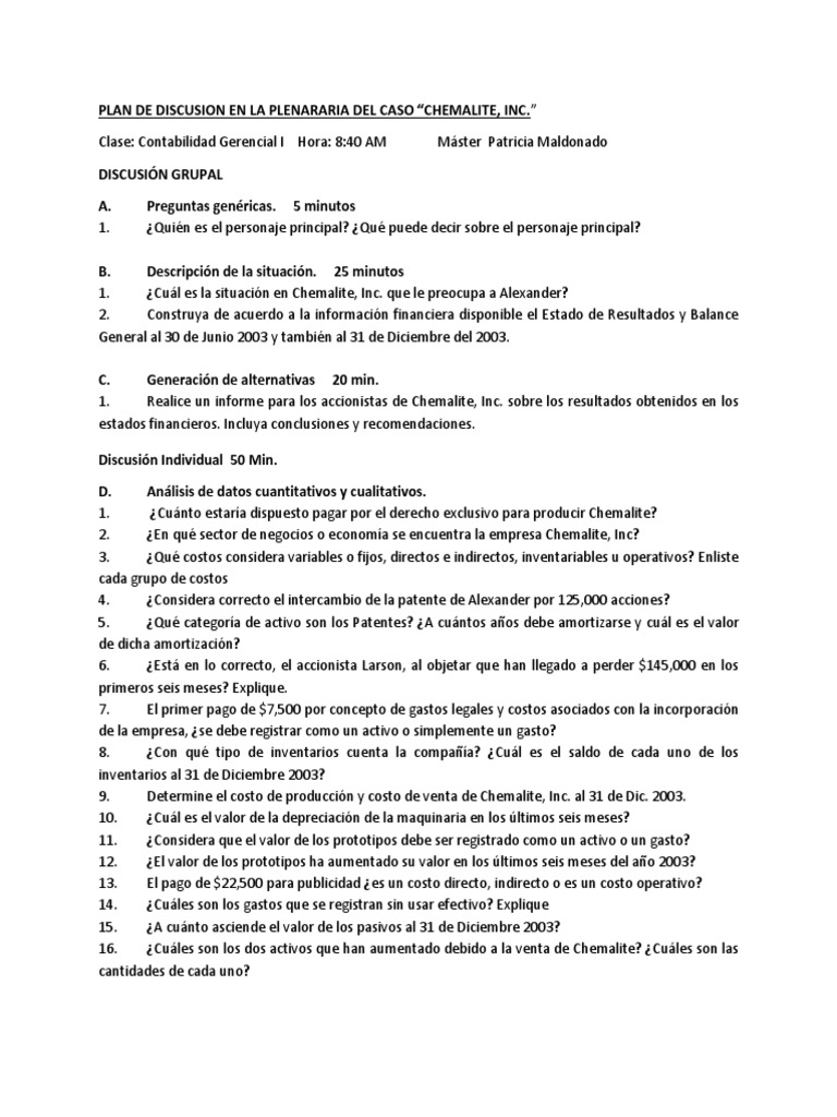 Plan de Discusion Caso Chemalite | PDF | Estado de resultados | Contabilidad