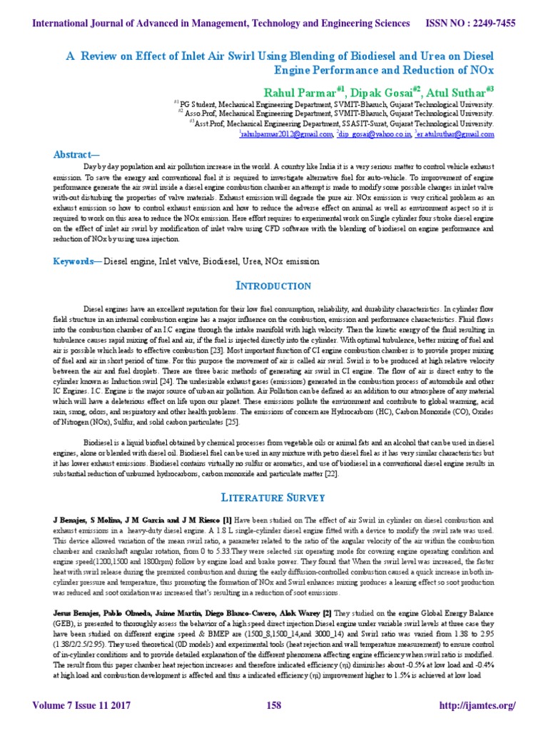A Review On Effect of Inlet Air Swirl Using Blending of Biodiesel and ...