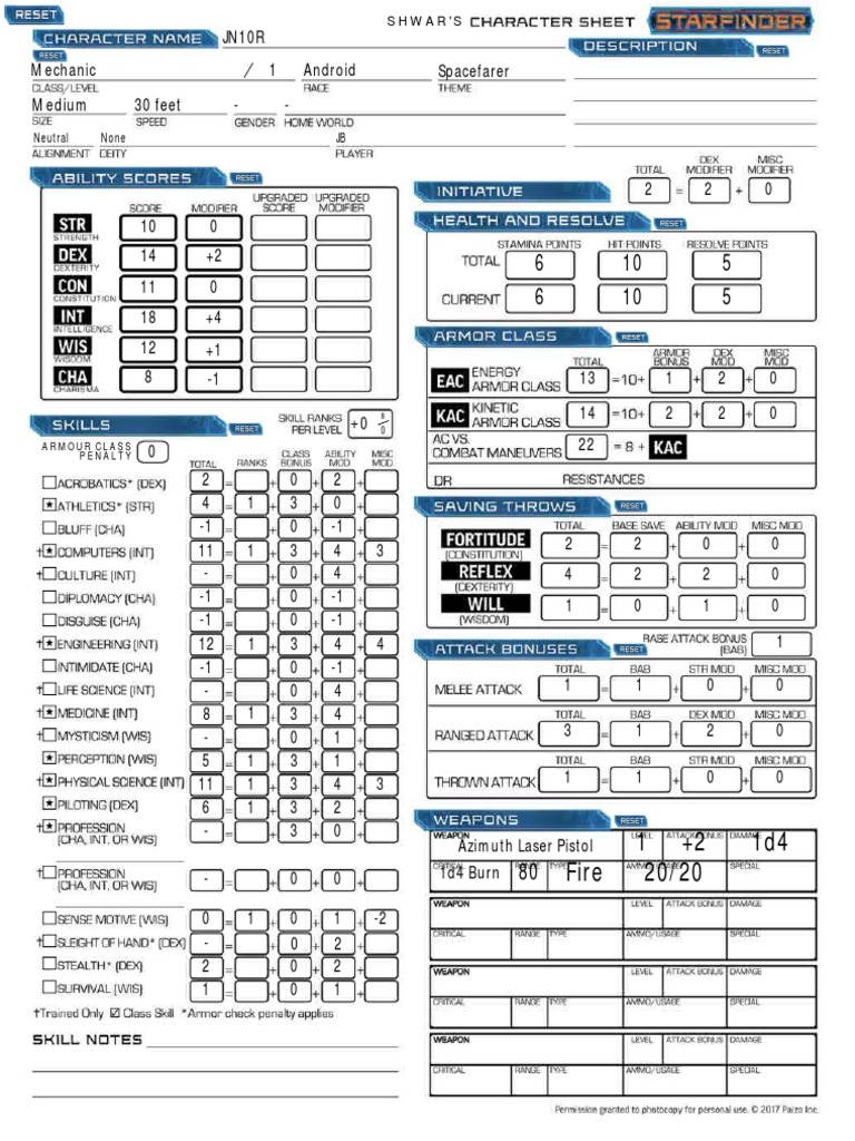 Starfinder Character Sheet JN10R | Military Equipment | Weaponry