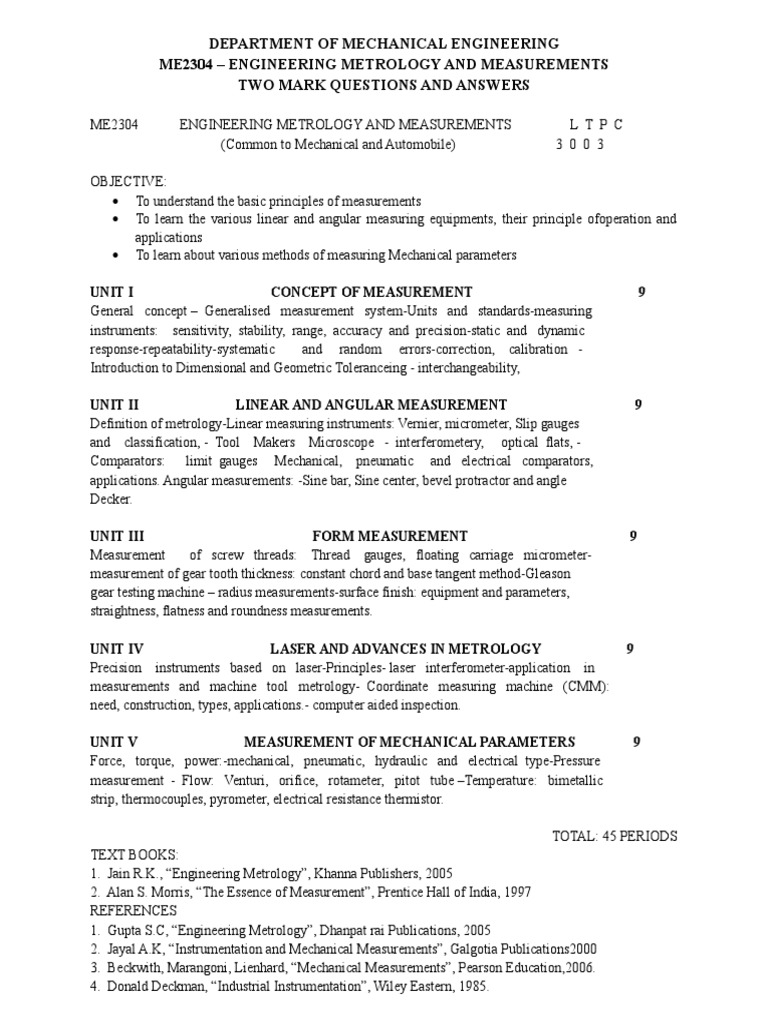 ME 2304 Two Marks | PDF | Interferometry | Gear