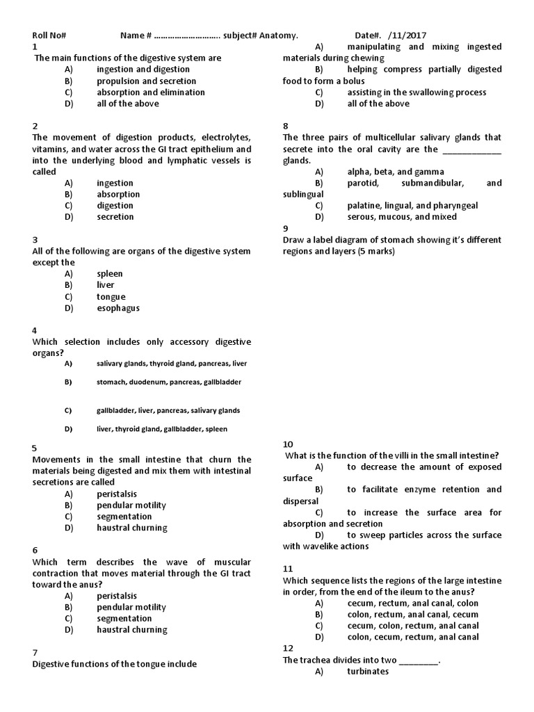 Mcqs Anatomy | Human Digestive System | Digestion
