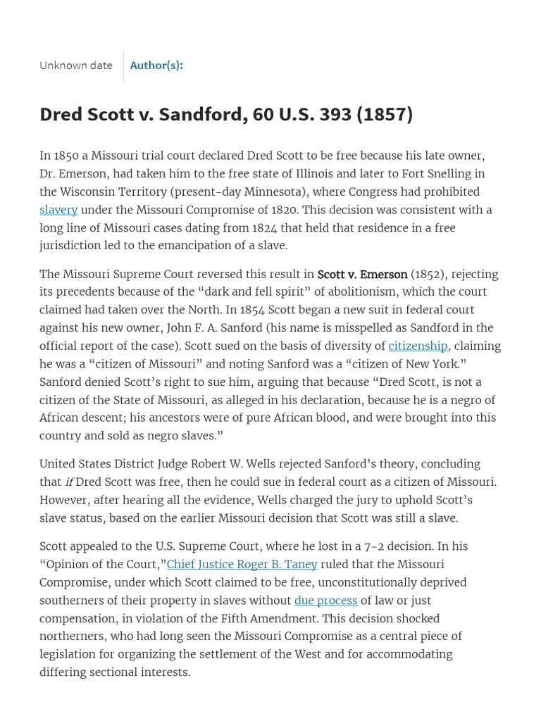 Dred Scott v. Sandford Supreme Court Case | PDF | Dred Scott V ...