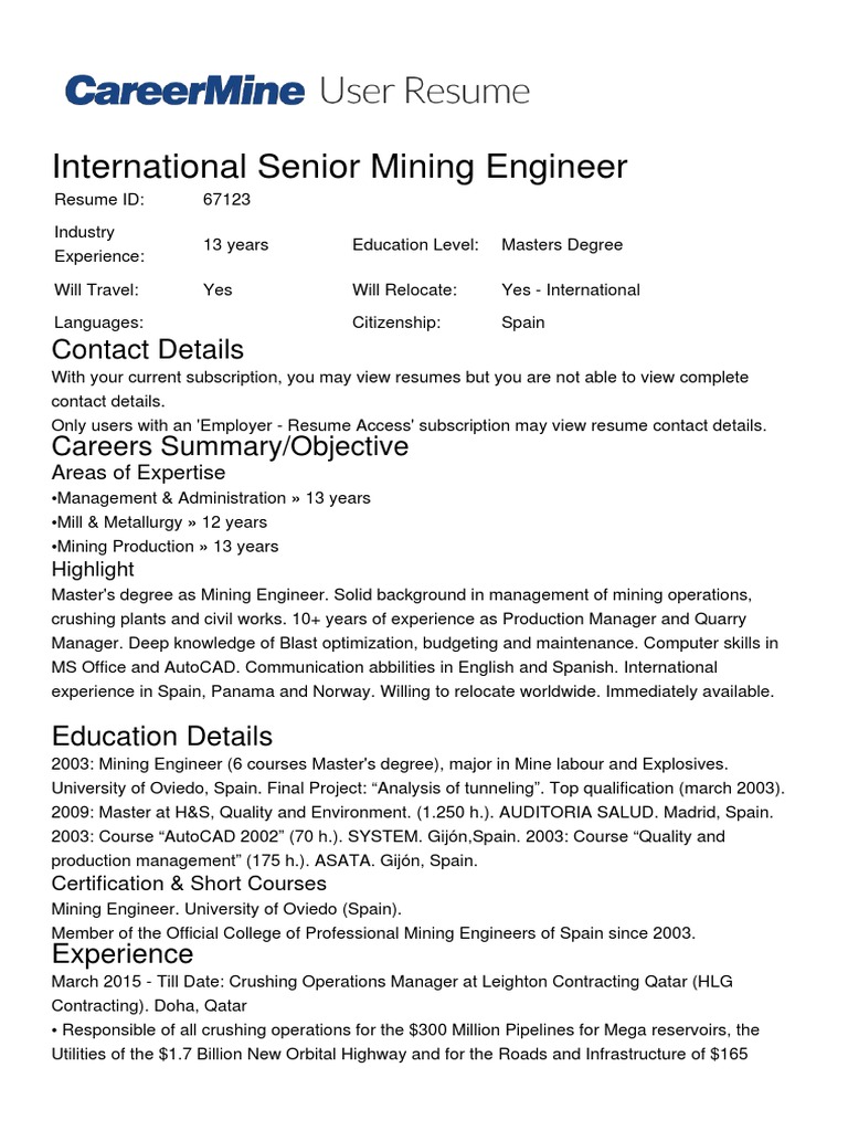 Senior Mining Engineer Resume Overview | PDF | Mining | Road