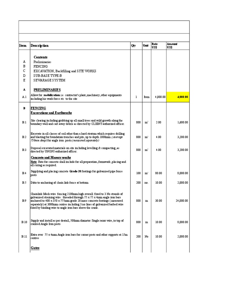 Bill of Quantities for Site Development Works Including Fencing ...