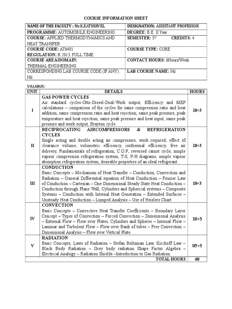 ATHT Course Information Sheet | PDF | Thermal Conduction | Heat