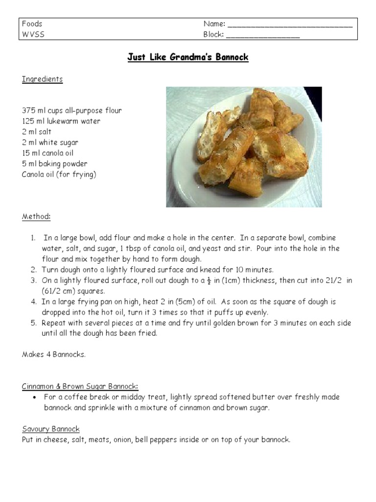 Grandma's Classic Bannock Recipe | PDF | Cooking, Food & Wine
