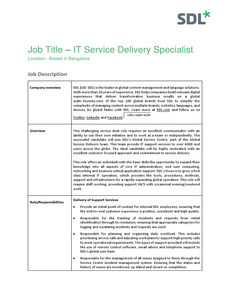 IT Service Delivery Specialist | PDF | Itil | Iso 9000