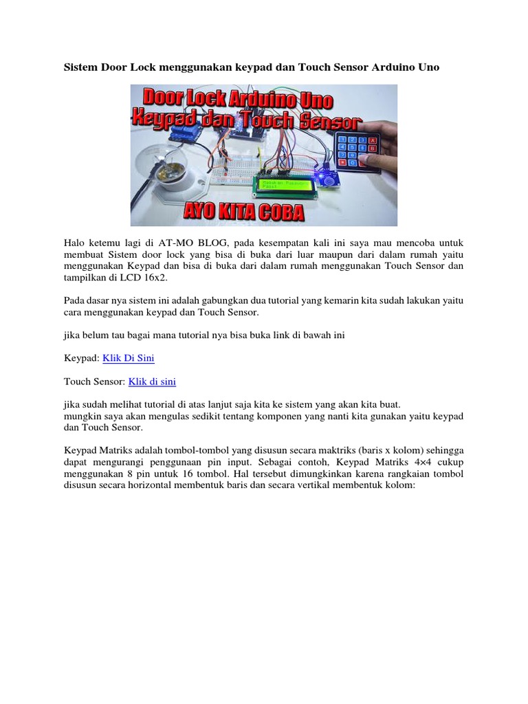 Sistem Door Lock Menggunakan Keypad Dan Touch Sensor Arduino Uno | PDF