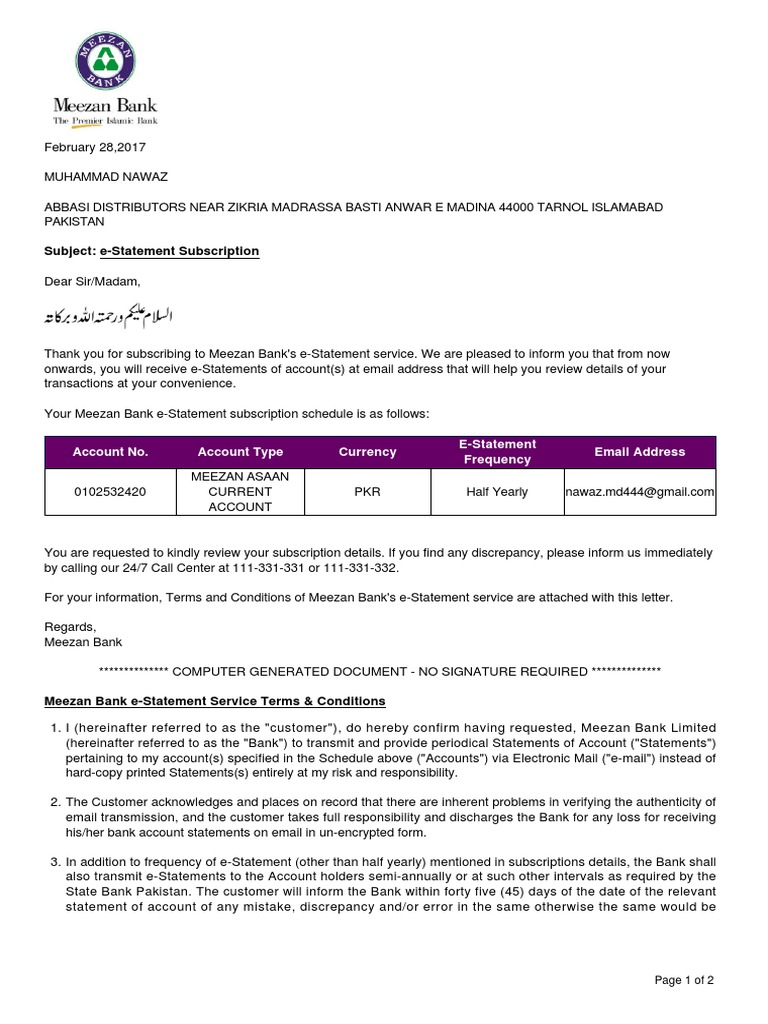 Subject: E-Statement Subscription: Account No. Account Type Currency E-Statement Frequency Email ...