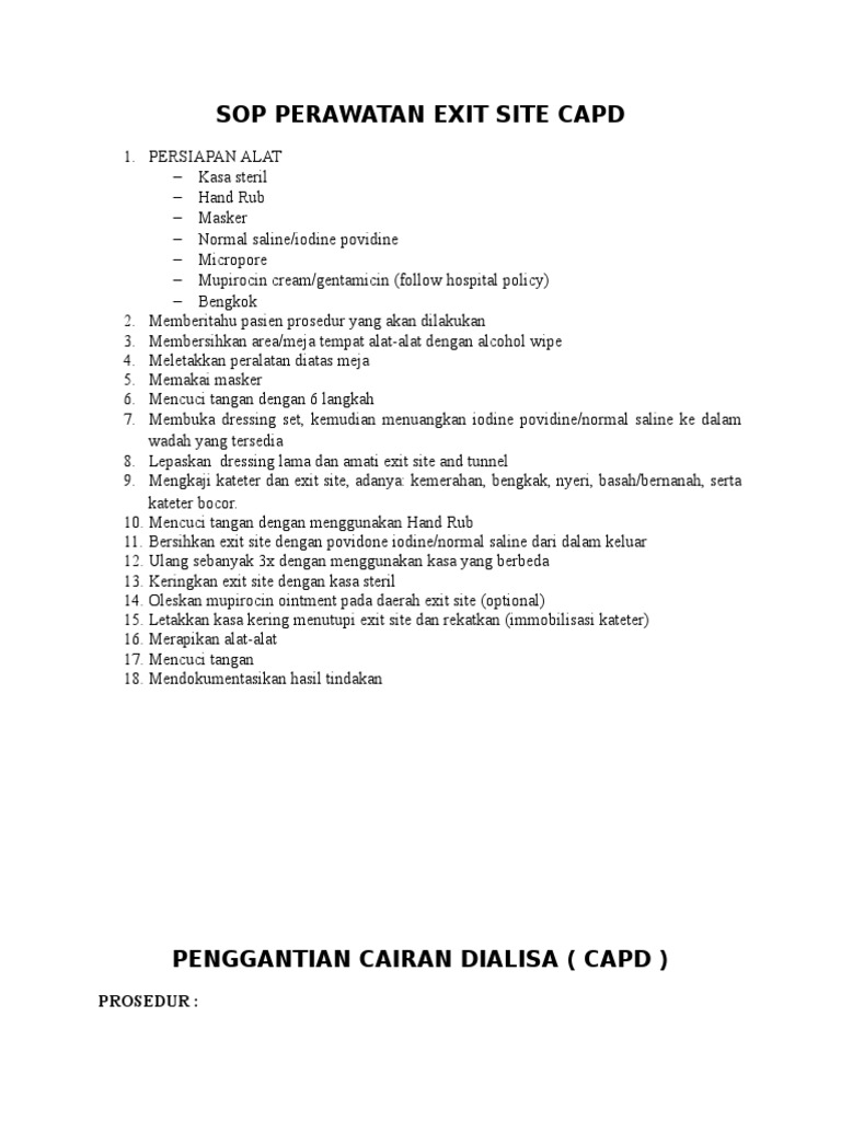 Sop Perawatan Exit Site Capd DN Pergantian Cairan | PDF